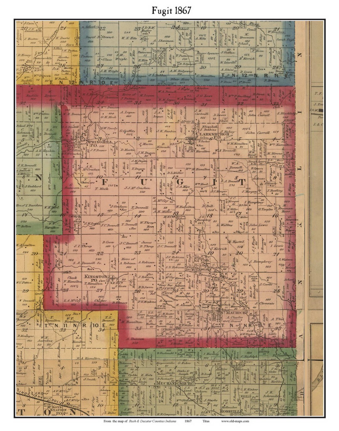 Fugit 1867 Old Town Map With Homeowner Names Indiana Spring Hill ...