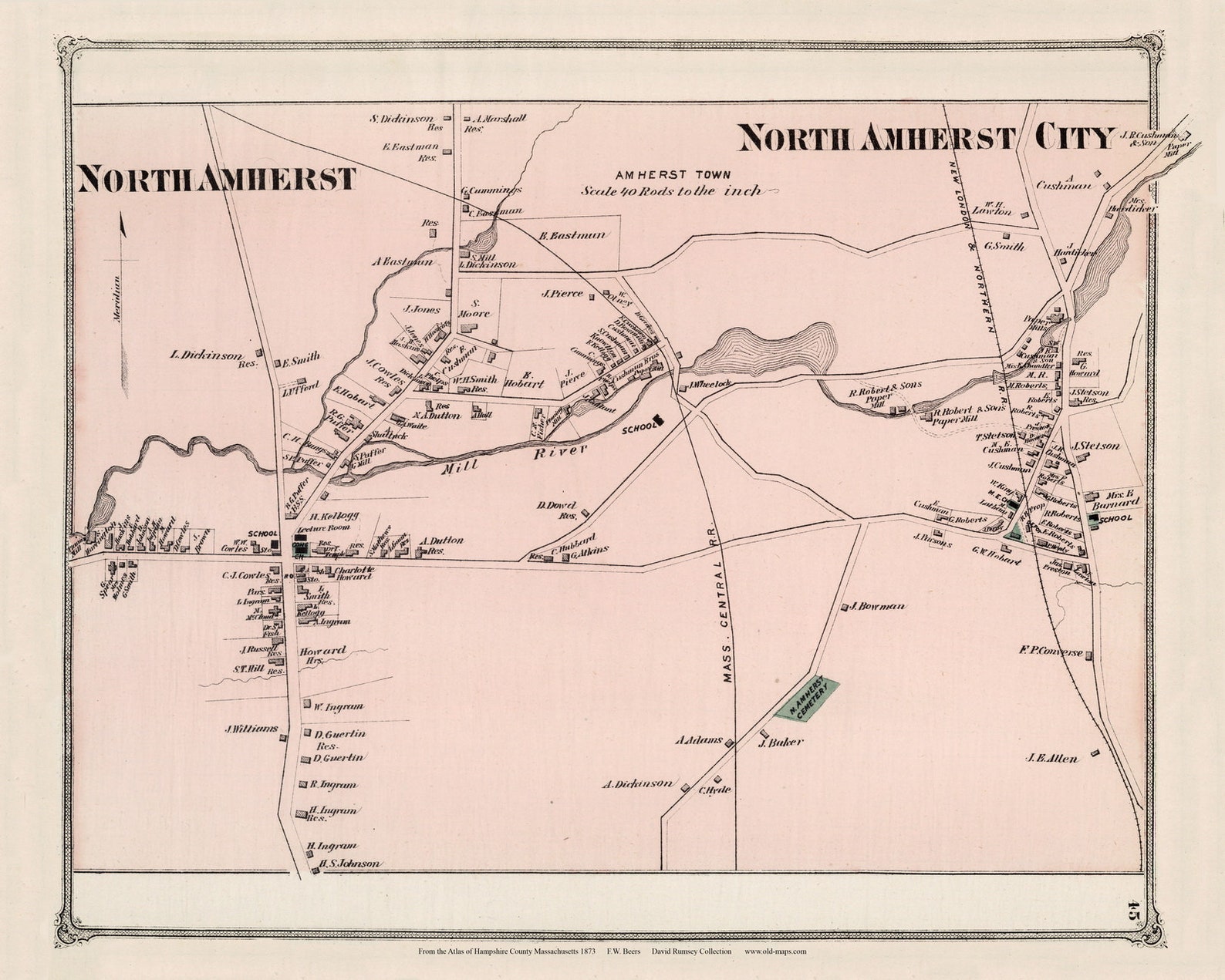 North Amherst 1873 - Old Town Map Reprint - Town of Amherst, Hampshire ...