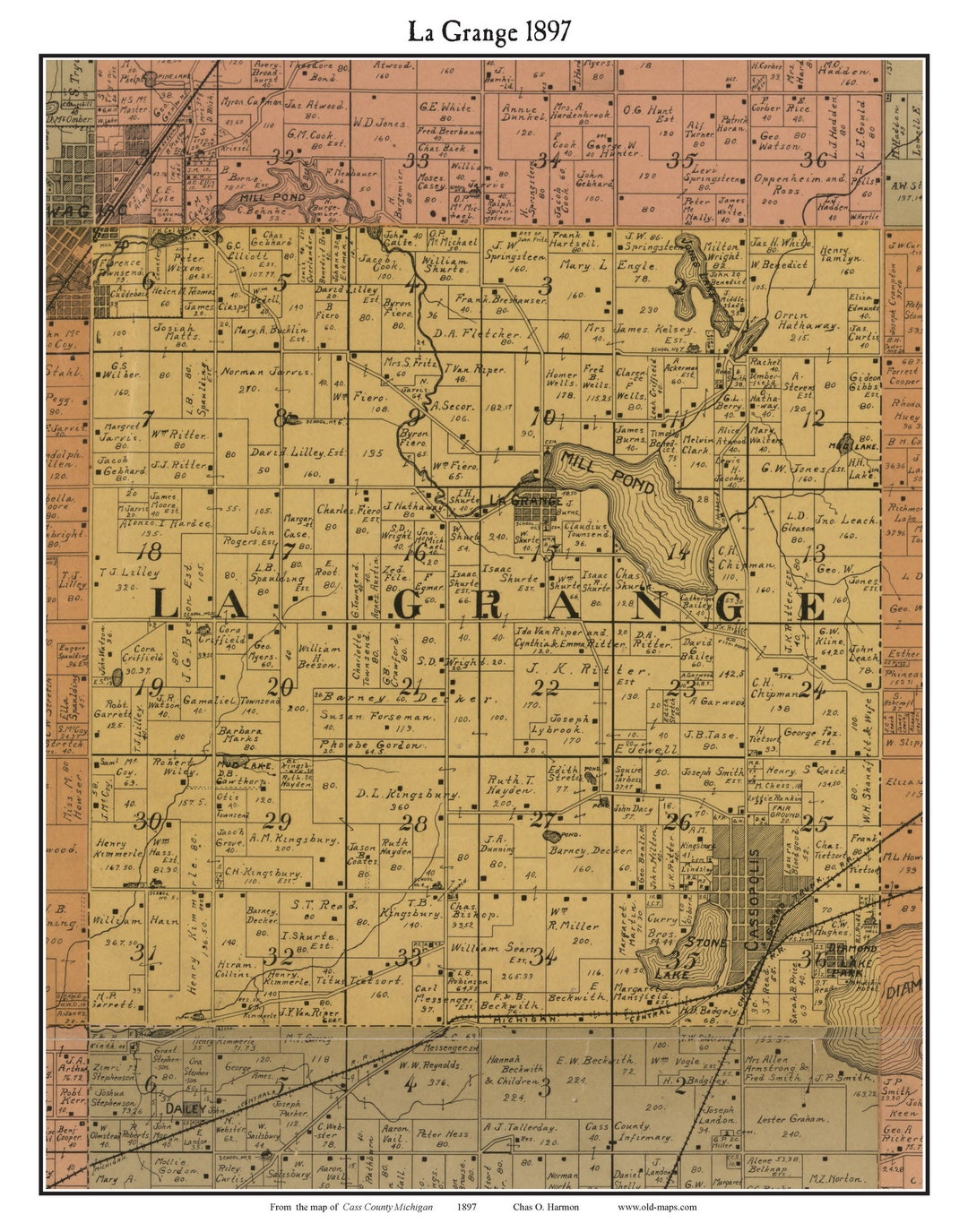 La Grange 1897 Old Town Map With Homeowner Names - Cassopolis - Mill ...