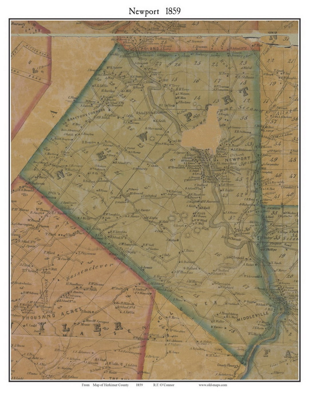 Newport 1859 Old Town Map With Homeowner Names New York Middleville ...