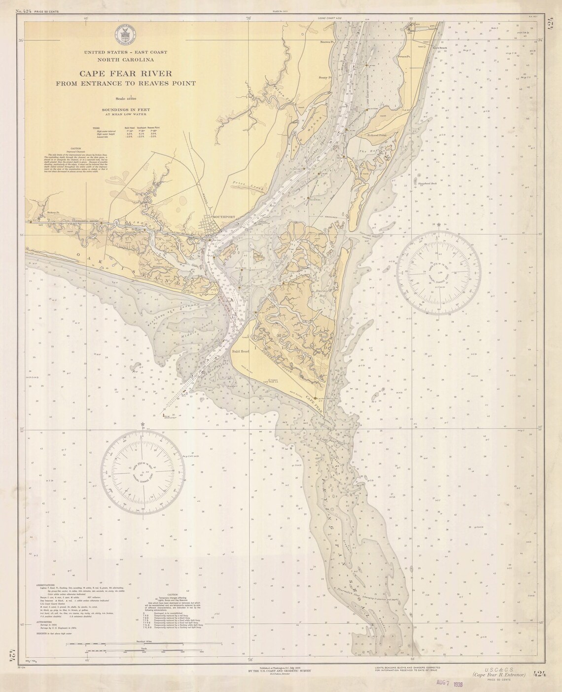 Cape Fear Entrance Reeves Point 1936 Map Old Nautical Chart | Etsy