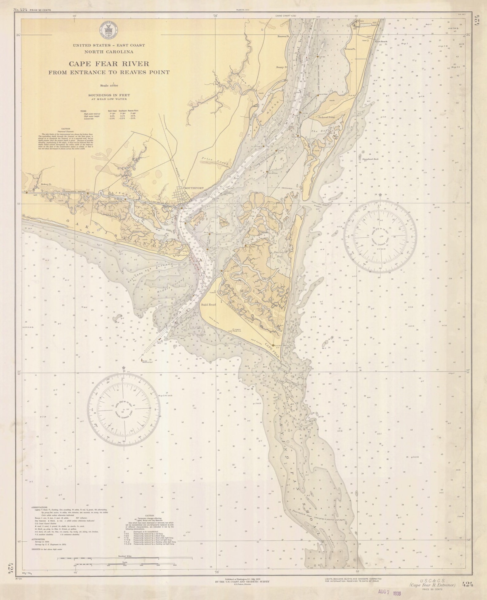 Cape Fear Entrance Reeves Point 1936 Map Old Nautical Chart - Etsy