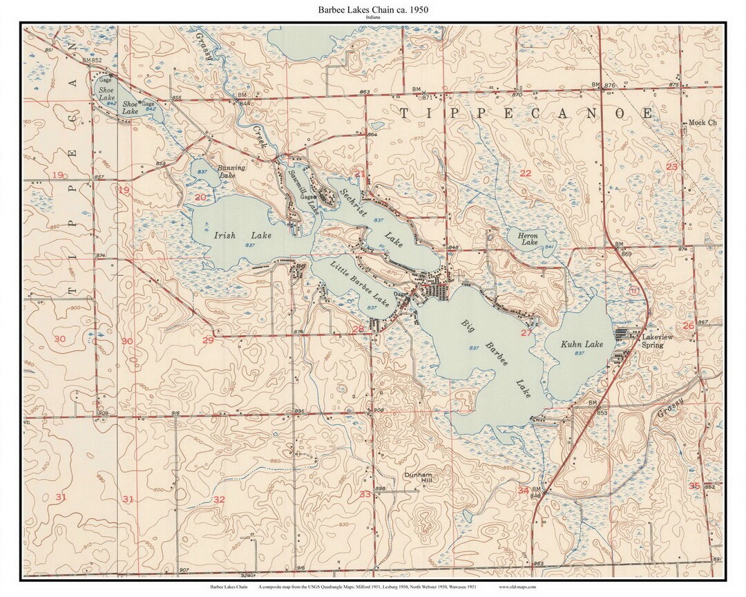Barbee Lakes Chain 1950 Old Topographic Map USGS - Irish Lake - Kuhn ...