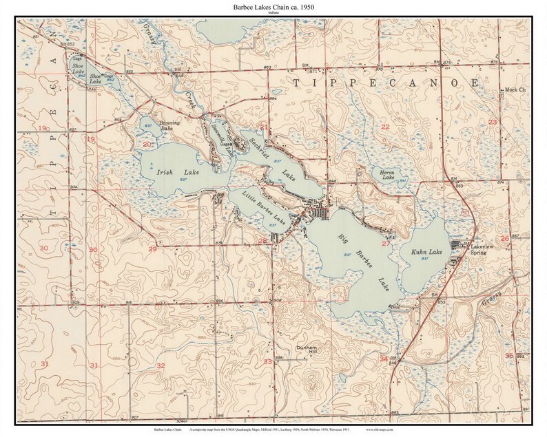 Barbee Lakes Chain 1950 Old Topographic Map USGS Irish Lake Kuhn Lake ...