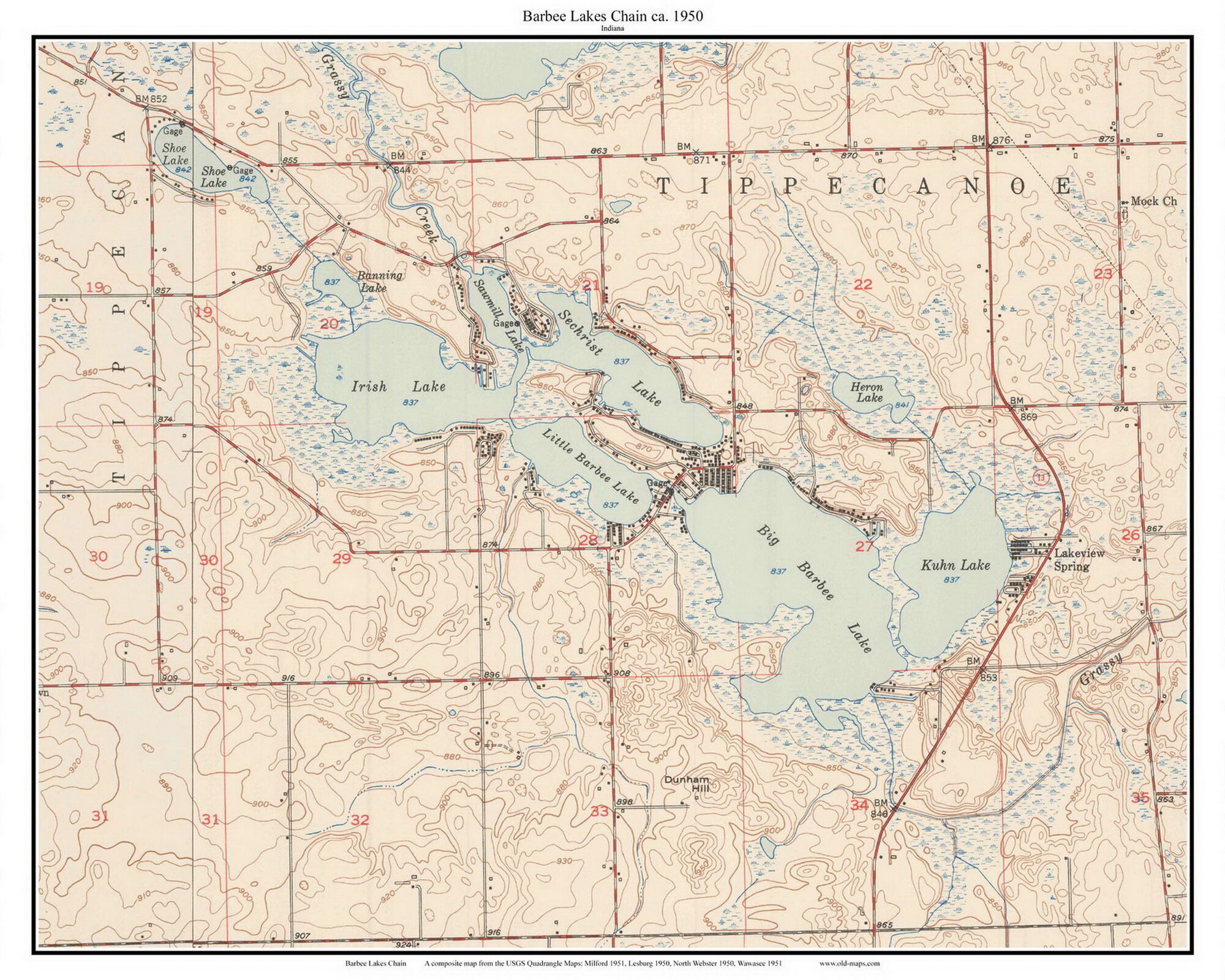 Barbee Lakes Chain 1950 Old Topographic Map USGS - Irish Lake - Kuhn ...