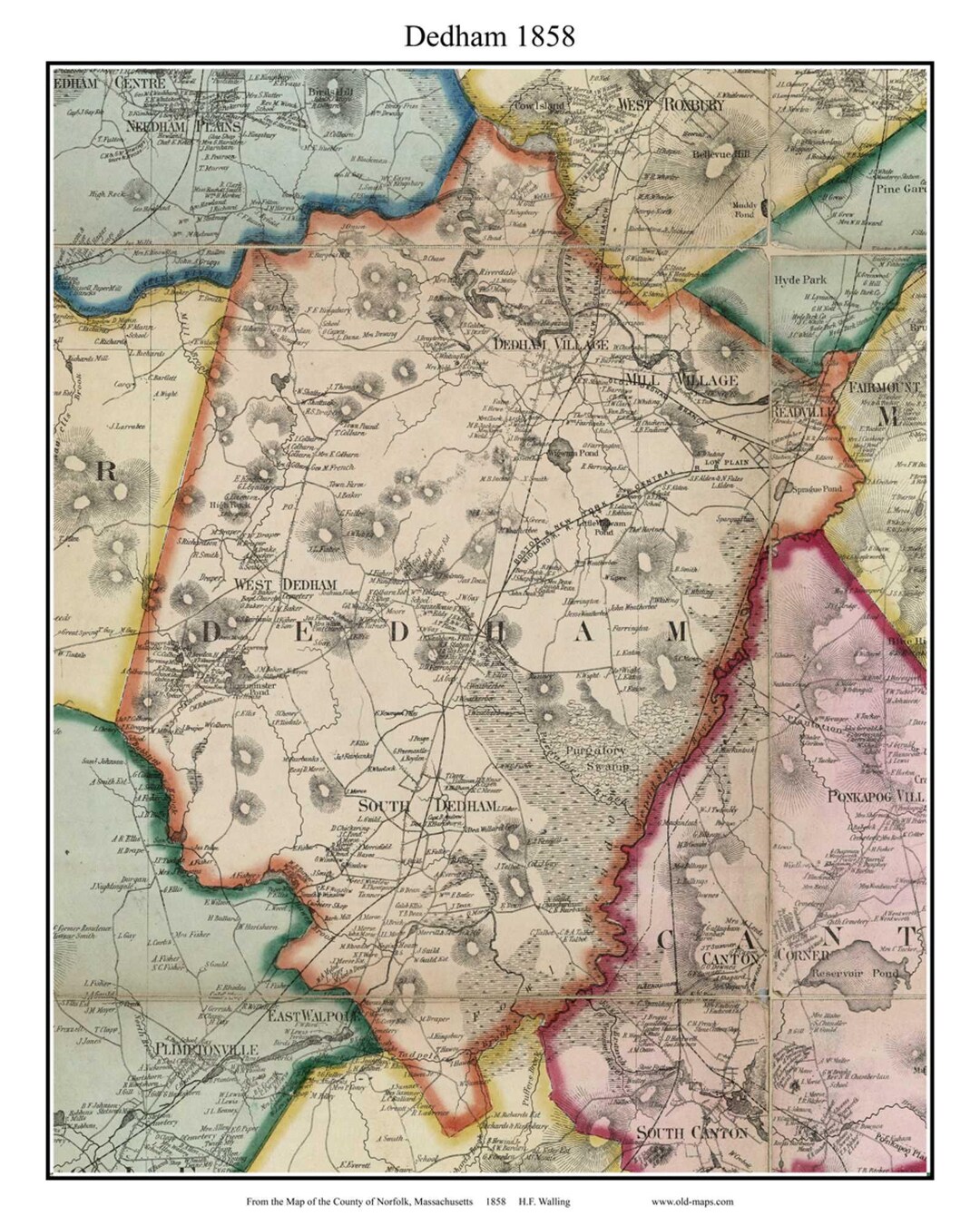 Dedham, Massachusetts 1858 Old Town Map With Homeowner Names - Reprint ...