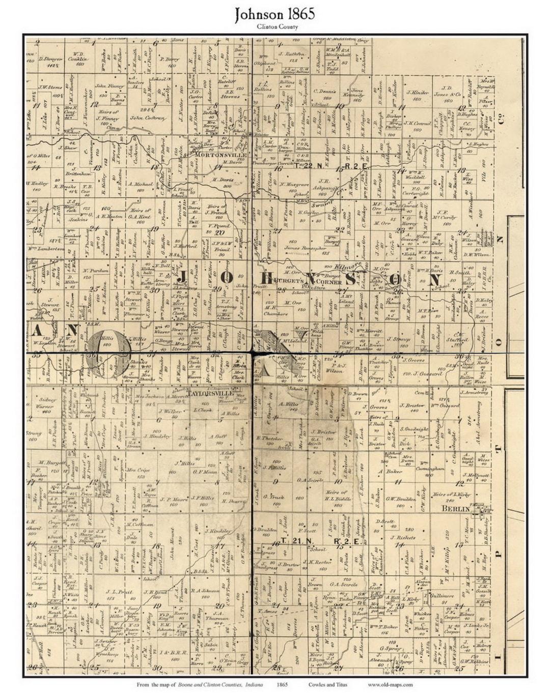 Johnson 1865 Old Town Map With Homeowner Names Indiana Burget's Corners ...