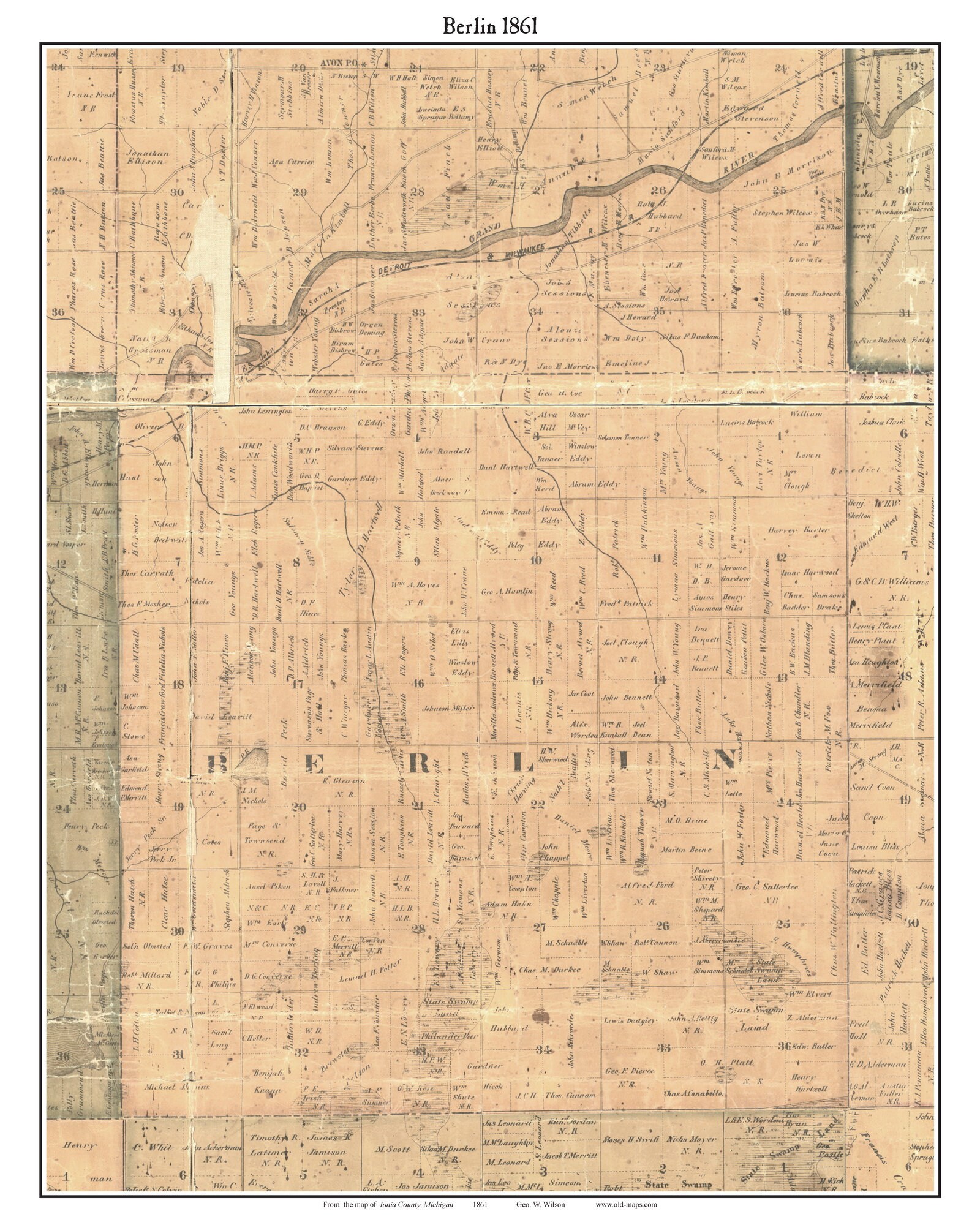 Berlin 1861 Old Town Map With Homeowner Names Michigan - Etsy