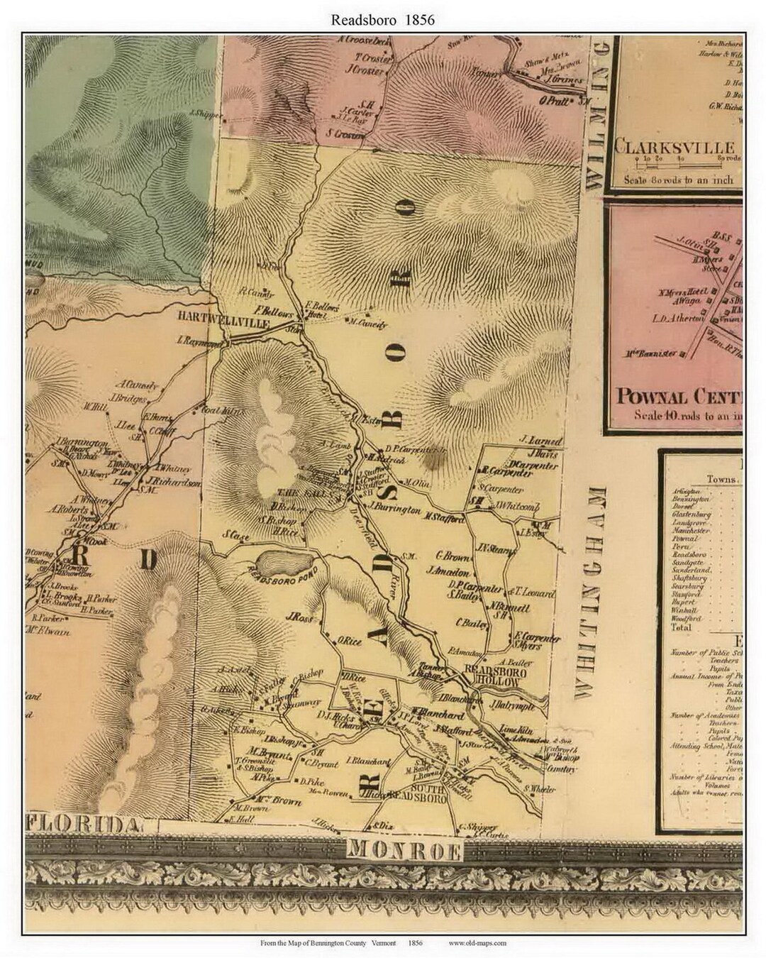 Readsboro 1856 Old Town Map With Homeowner Names - Vermont Bennington ...