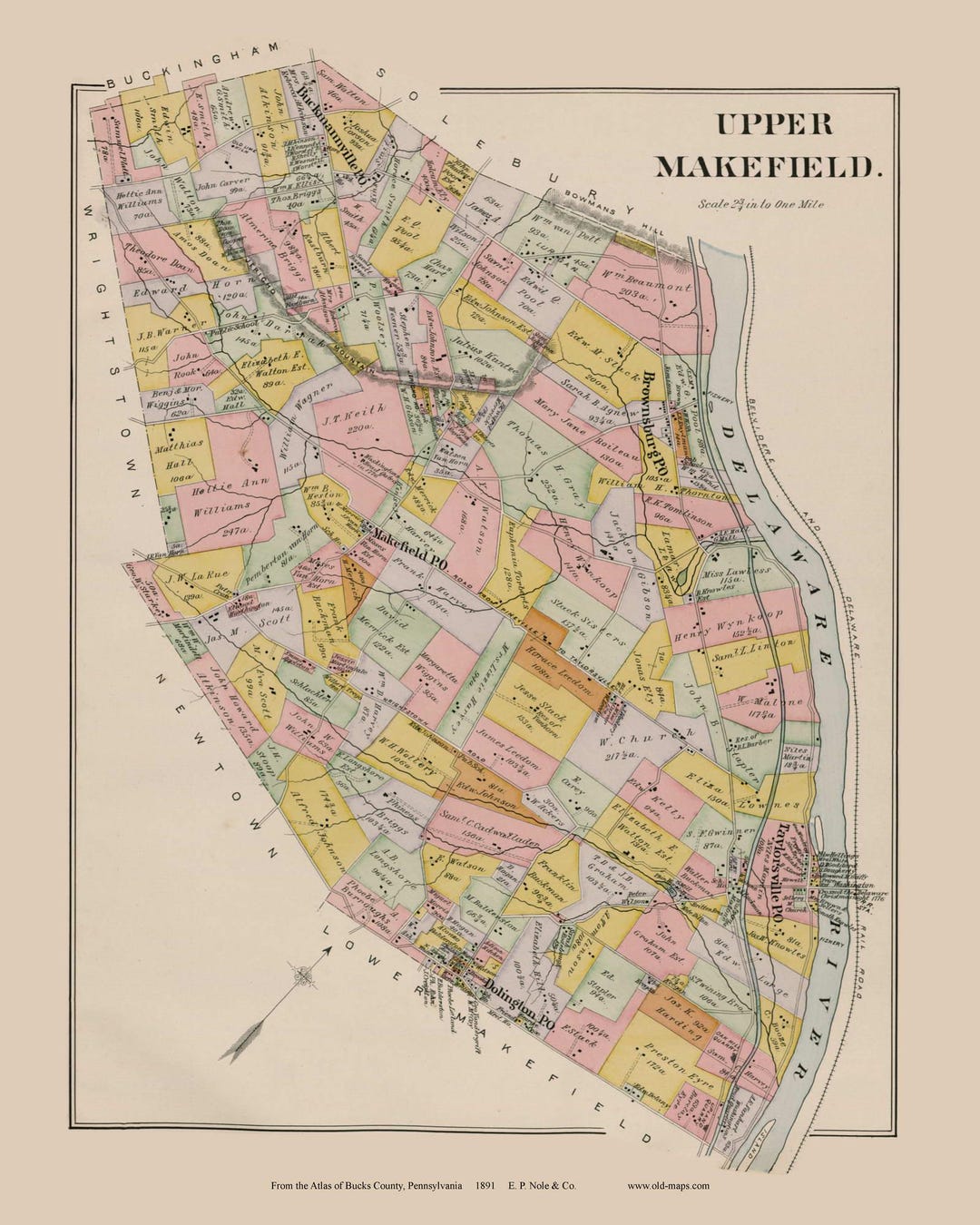 Upper Makefield 1891 Old Town Map With Homeowner Names Pennsylvania ...