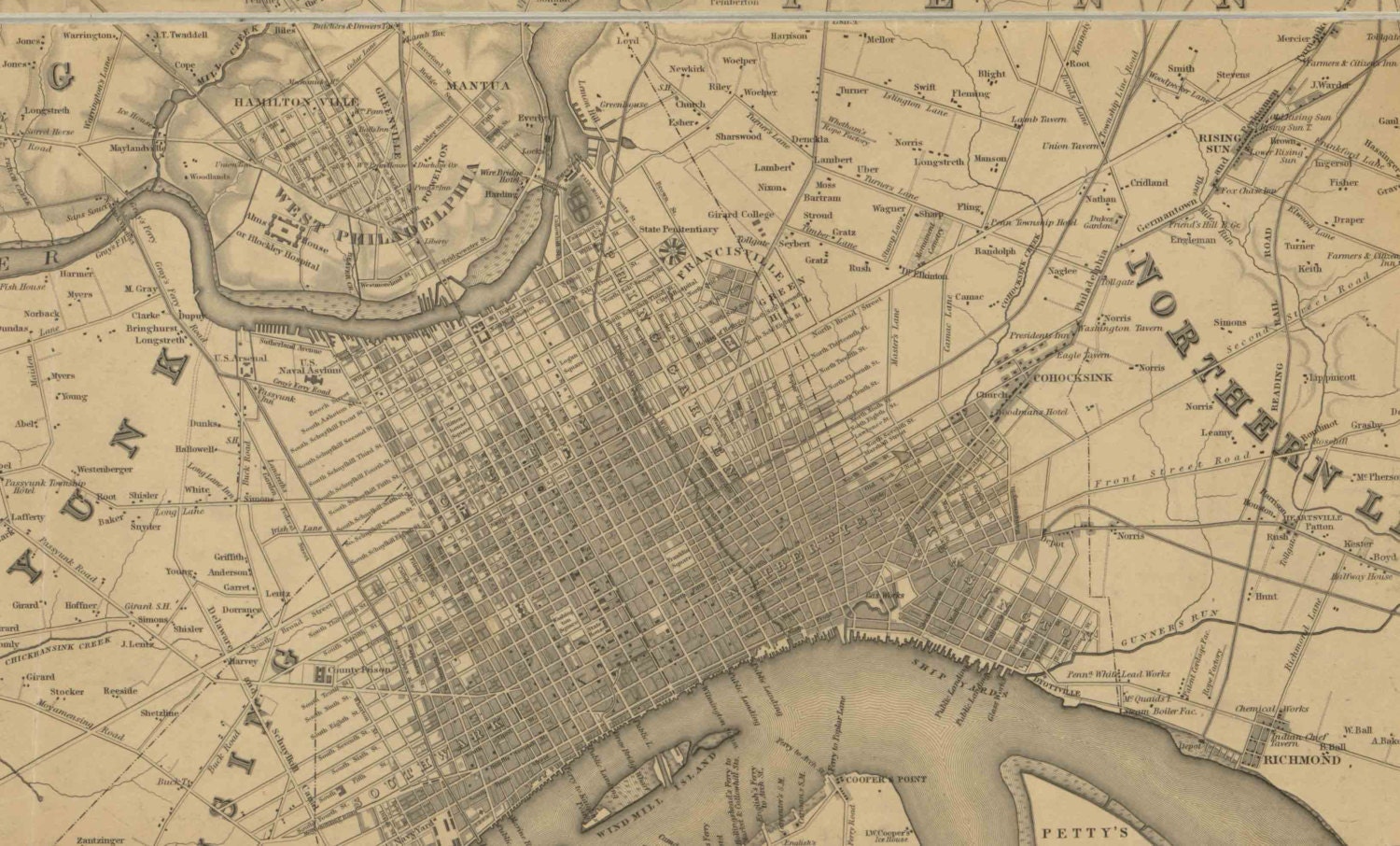 Philadelphia County PA 1843 Old Wall Map Homeowner Names - Etsy
