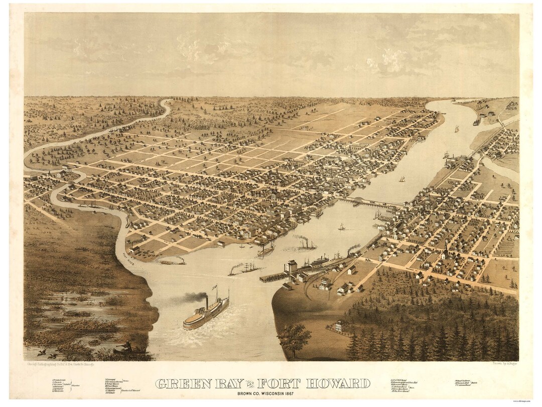Green Bay and Fort Howard Wisconsin - 1867 Birds Eye View - Reprint - Etsy