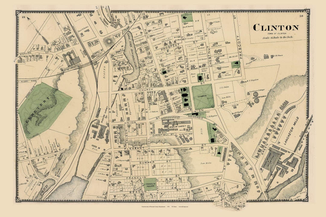 Clinton Village 1870 Old Town Map With Homeowner Names Massachusetts ...