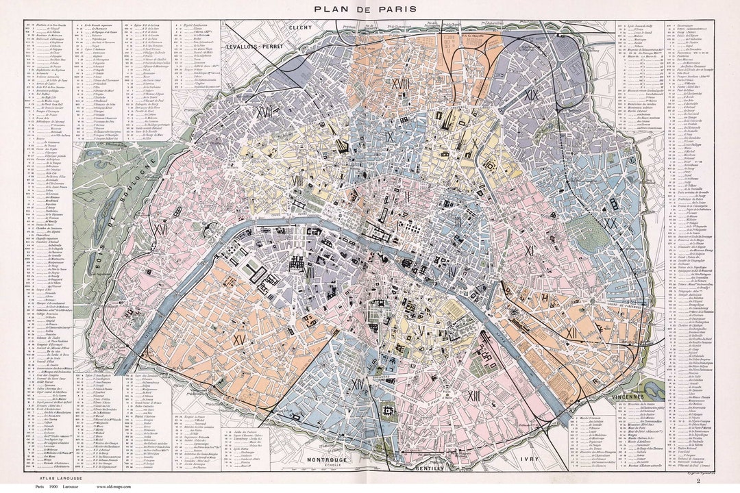 Old Map of Paris 1900 France -- Larousse Atlas -- Detailed Index ...