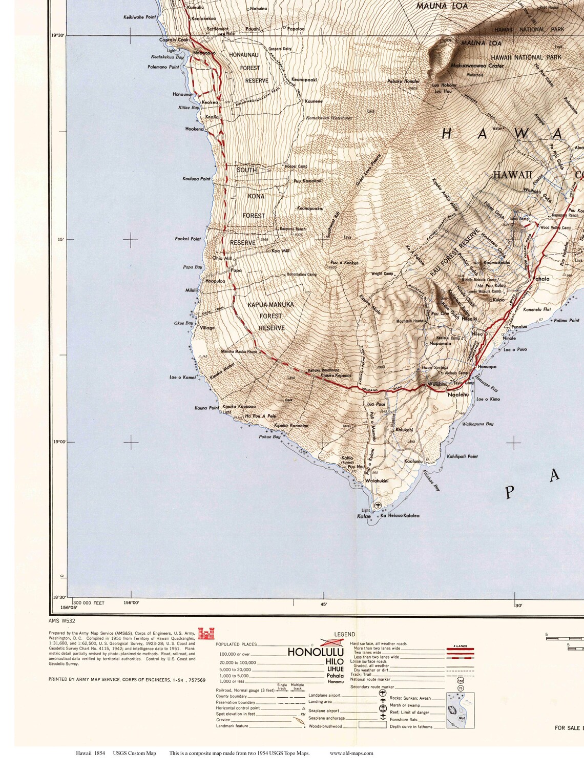 Hawaii Island - 1954 USGS Old Topographic Map Custom Composite Reprint ...