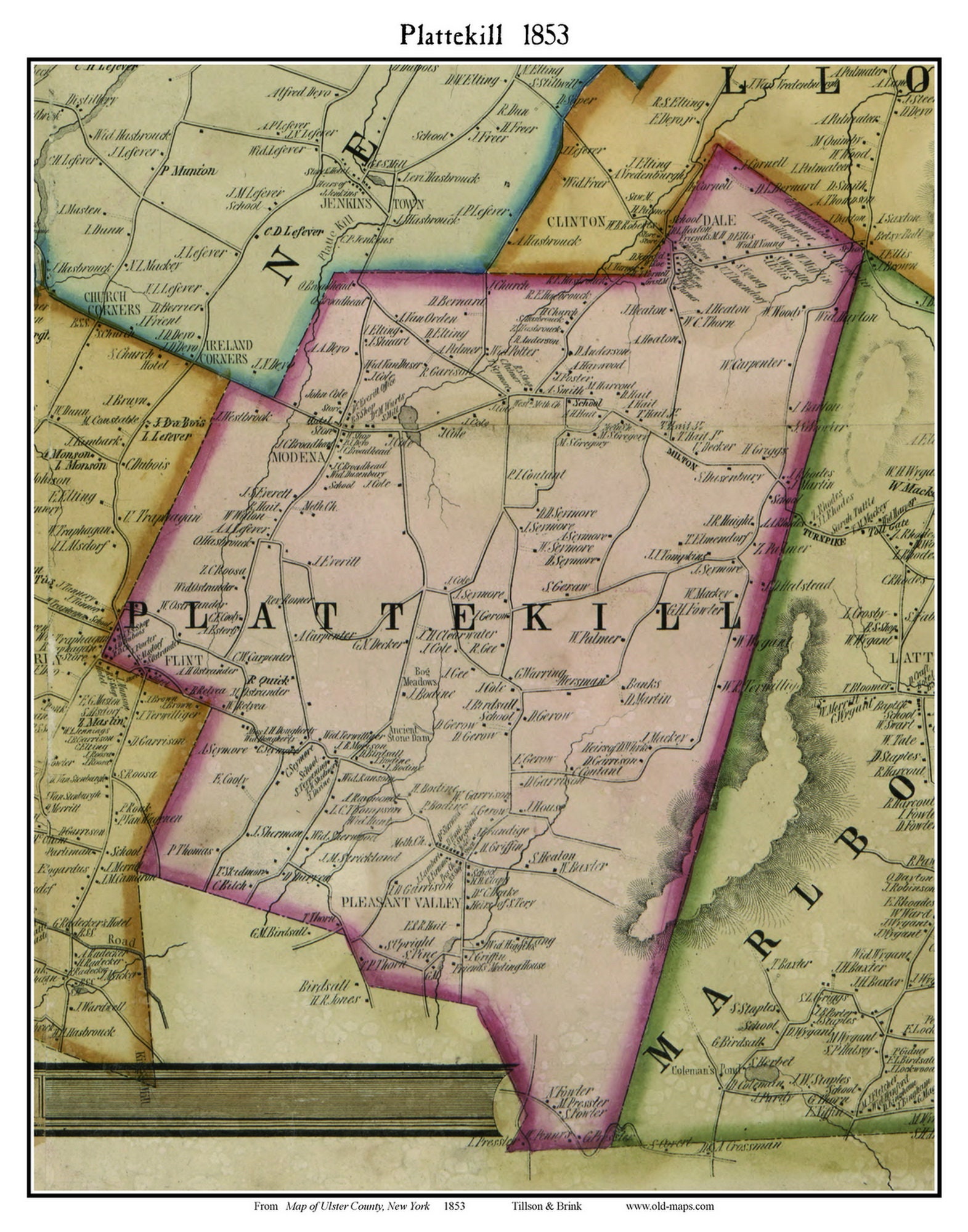 Plattekill 1853 Old Town Map With Homeowner Names New York Reprint ...
