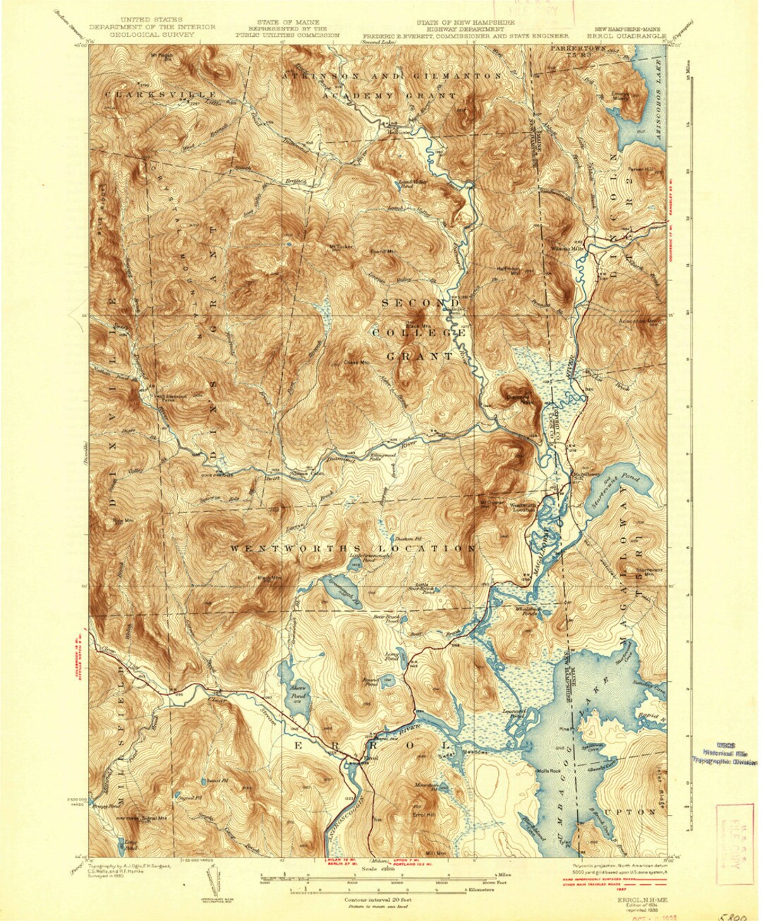 Errol 1934 (1938) Old Topo Map Umbagog Lake Diamond River- Quad Reprint ...