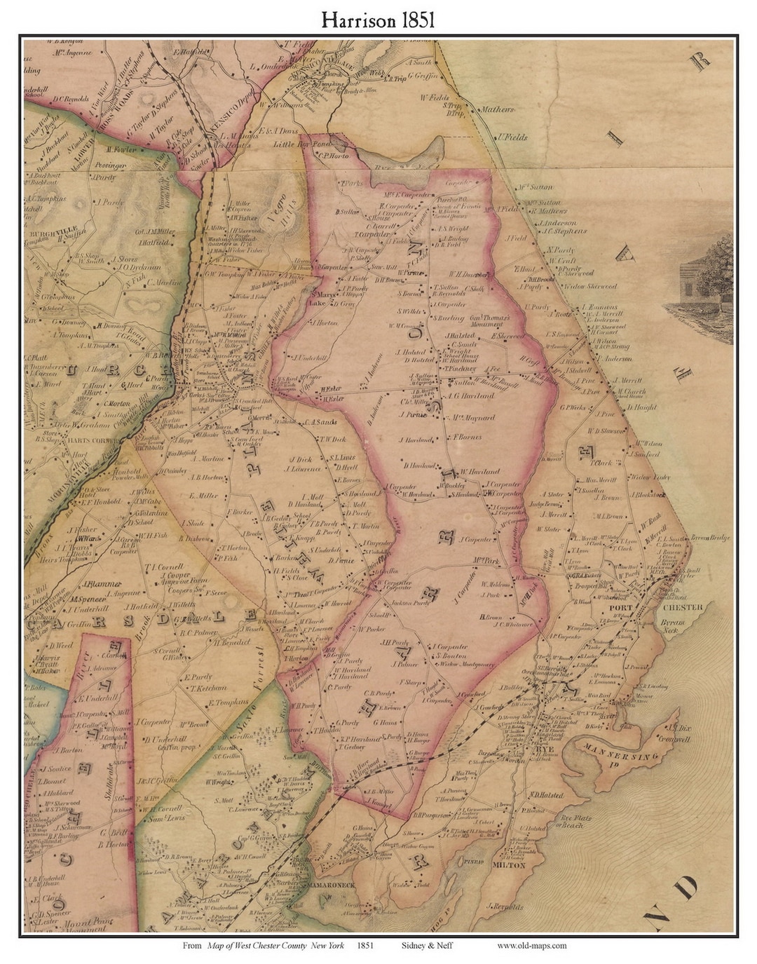 Harrison 1851 Old Town Map - With Homeowner Names New York Reprint ...