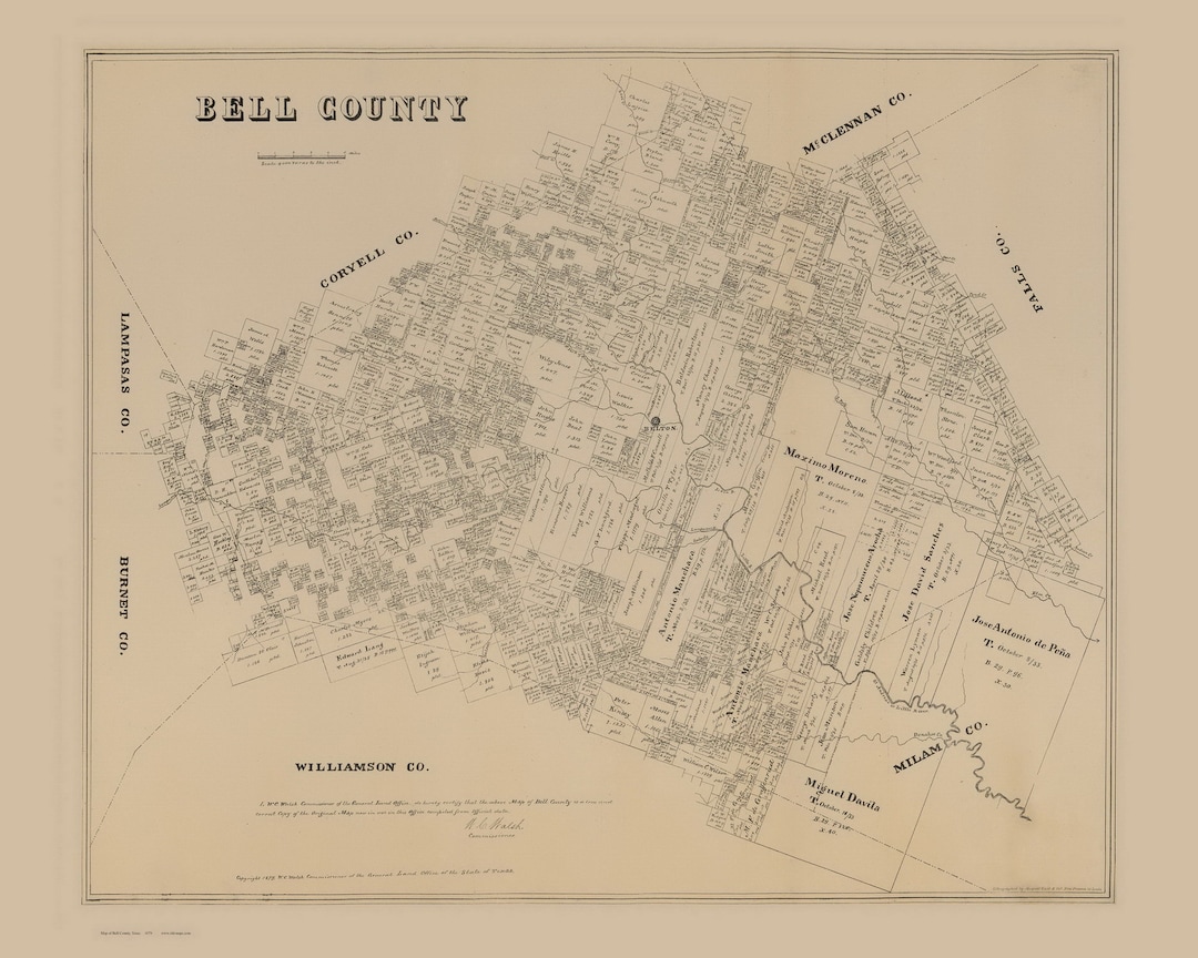 Bell County, Texas - 1879 - Old Wall Map Reprint With Land Owners Names ...
