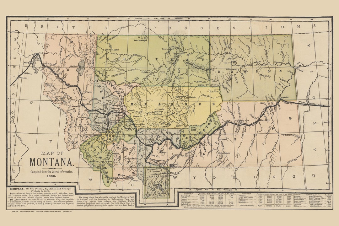 Montana 1883 Northern Pacific Railroad Company - Old State Map Reprint ...
