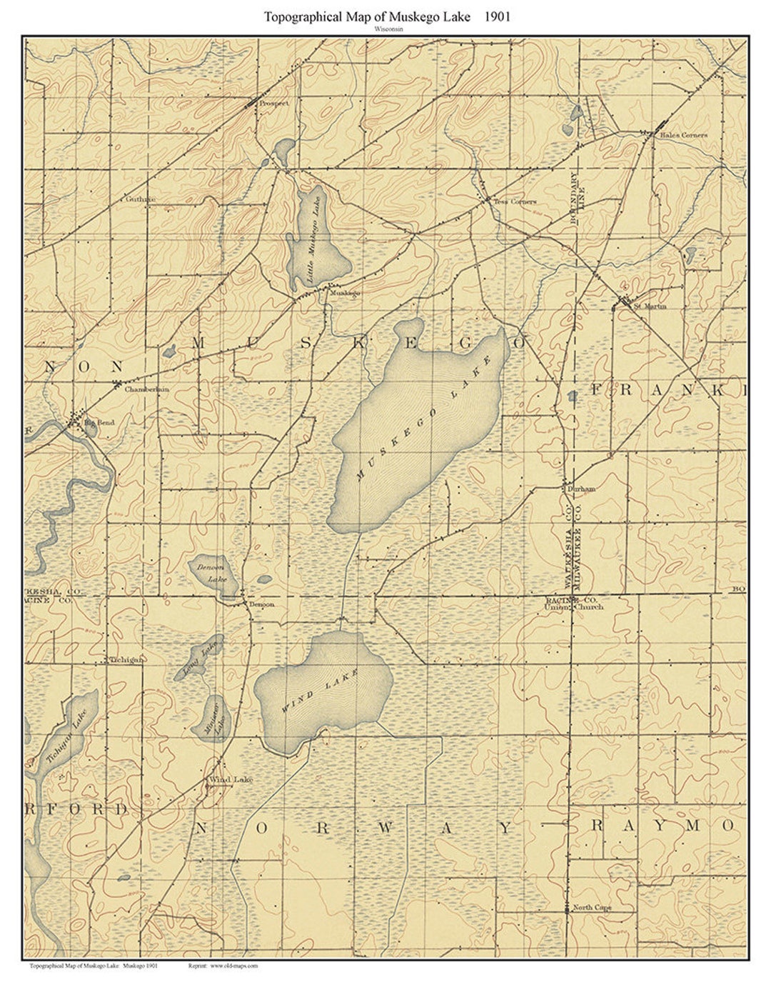 Muskego Lake - Ca 1901 USGS Old Topographic Map Custom Reprint ...