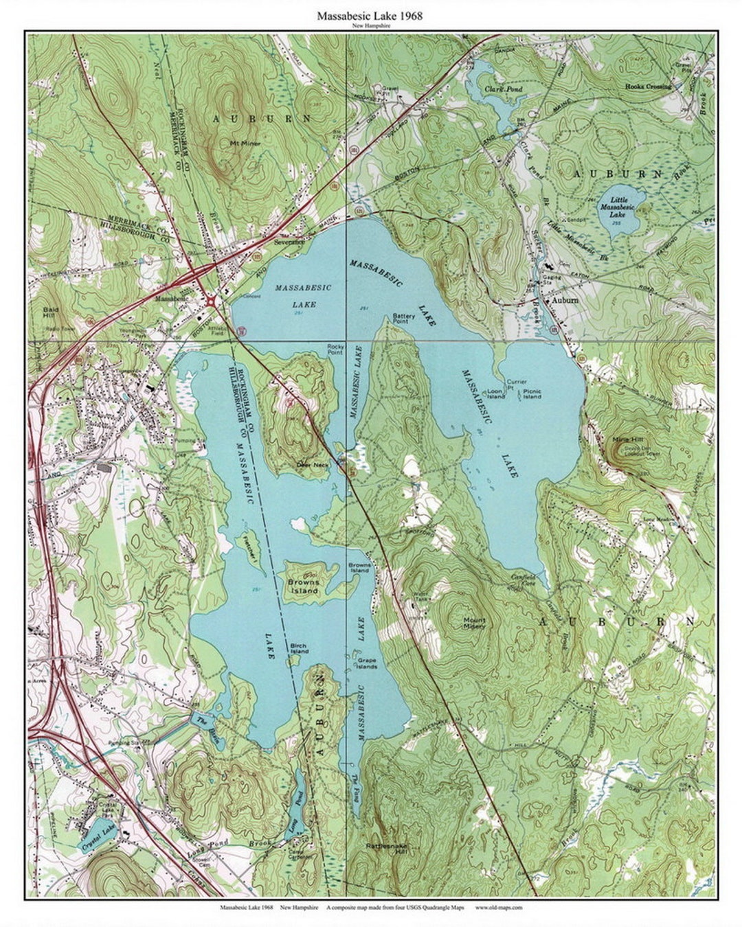 Massabesic Lake 1968 Old Topographic Map Auburn USGS Custom Composite ...
