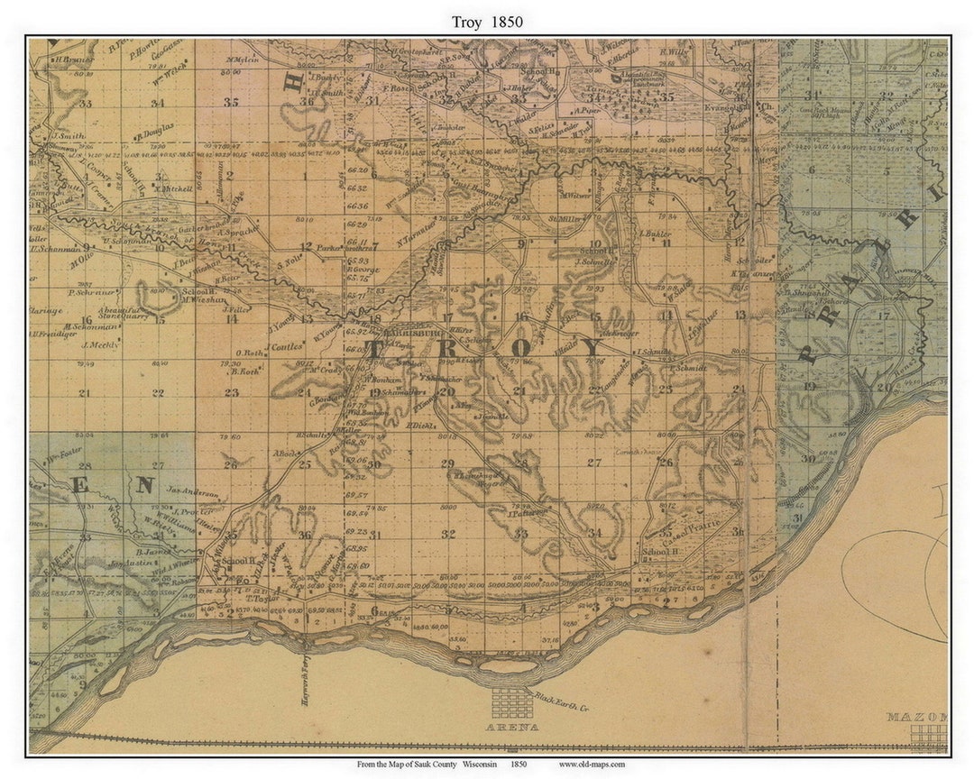 Troy 1850 - Old Town Map With Homeowner Names - Harrisburg - Wisconsin ...