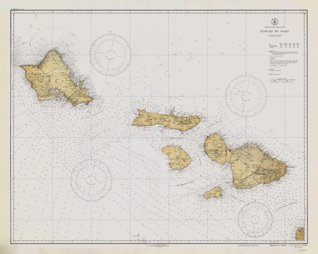 Hawaii to Oahu 1933 - Nautical Map Maui Molokai Lanai - Old Map - PC ...