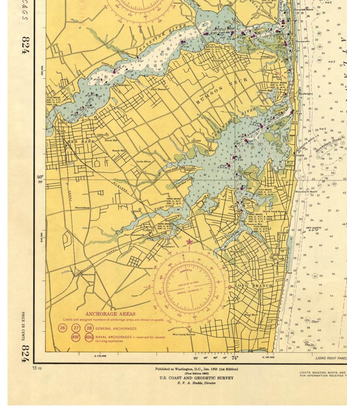 New York Bay to Manasquan Inlet Sandy Hook 1953 Nautical Map | Etsy