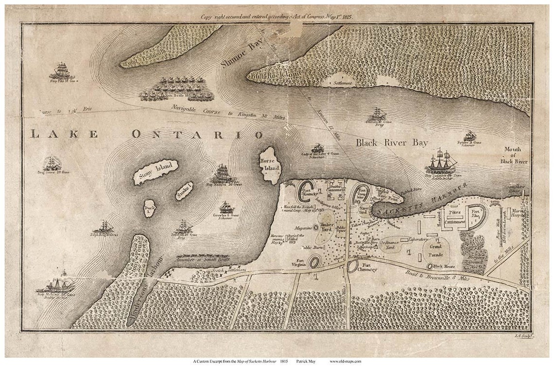 Sacketts Harbor New York Antique Map Reprint - 1815 - CUSTOM Close-up ...