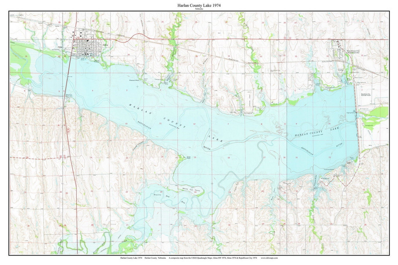 Harlan County Lake 1974 Mapa topográfico antiguo USGS Custom - Etsy México