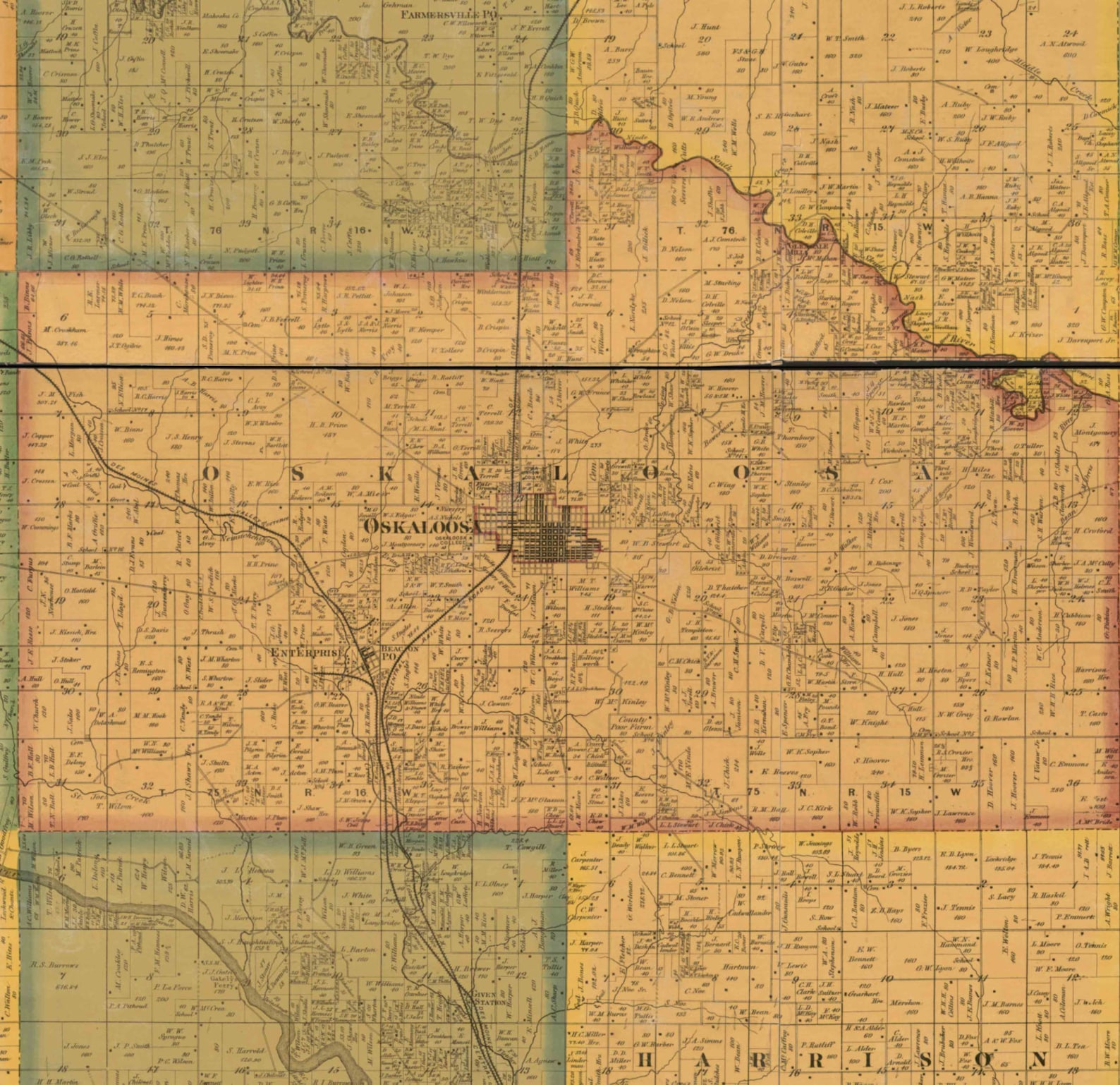 Mahaska County Iowa 1871 Old Wall Map With Landowner Names Farm Lines ...