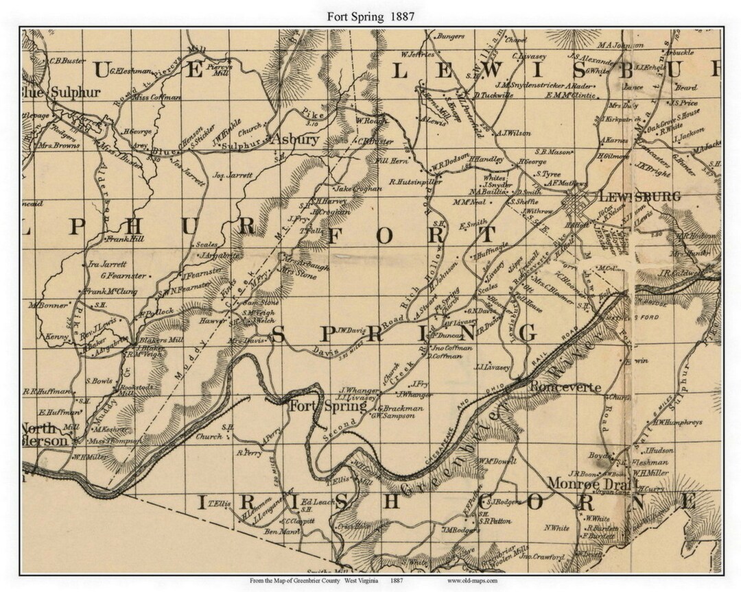 Fort Spring 1887 - Old Town Map With Homeowner Names - West Virginia ...