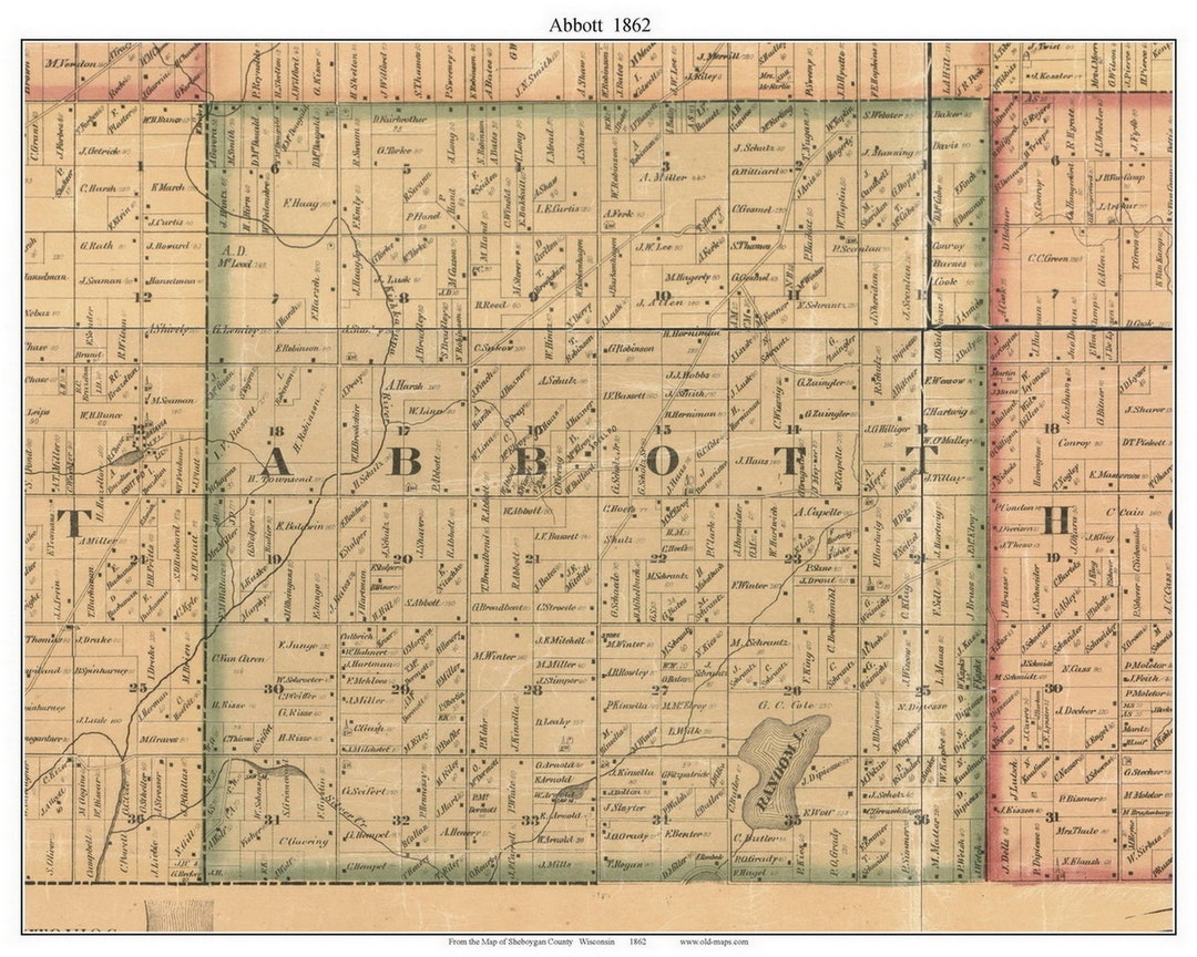 Abbott 1862 - Old Town Map With Homeowner Names - Random Lake ...