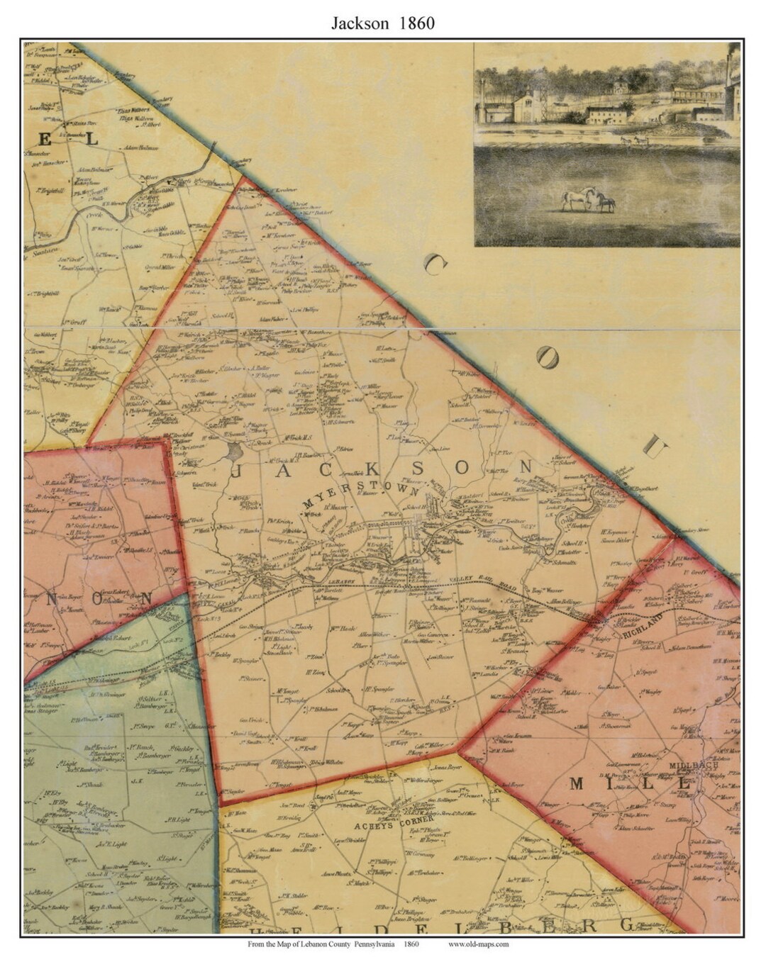 Jackson 1860 Old Town Map With Homeowner Names - Pennsylvania - Reprint ...