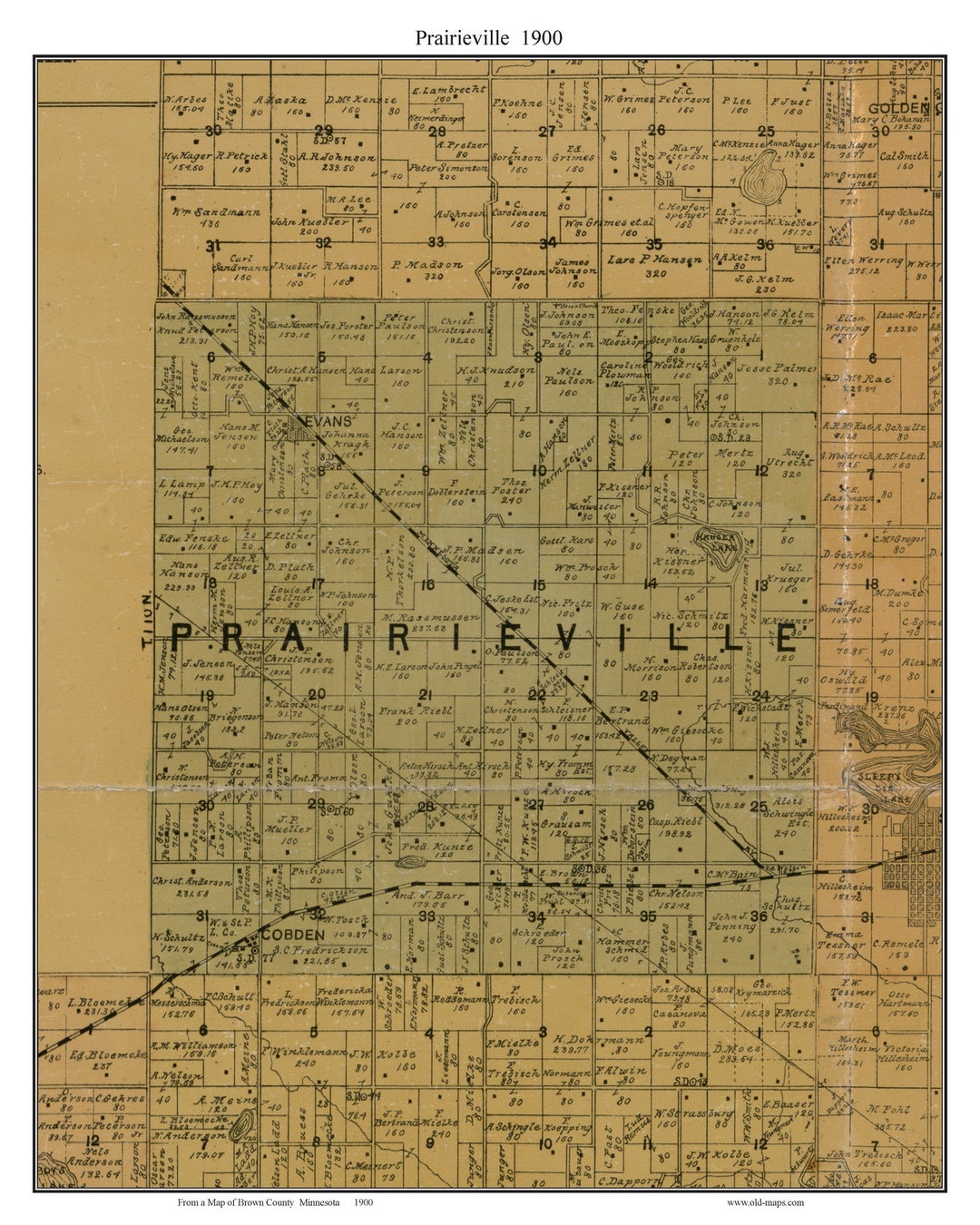 Prairieville 1900 Old Town Map With Homeowner Names Minnesota Cobden ...