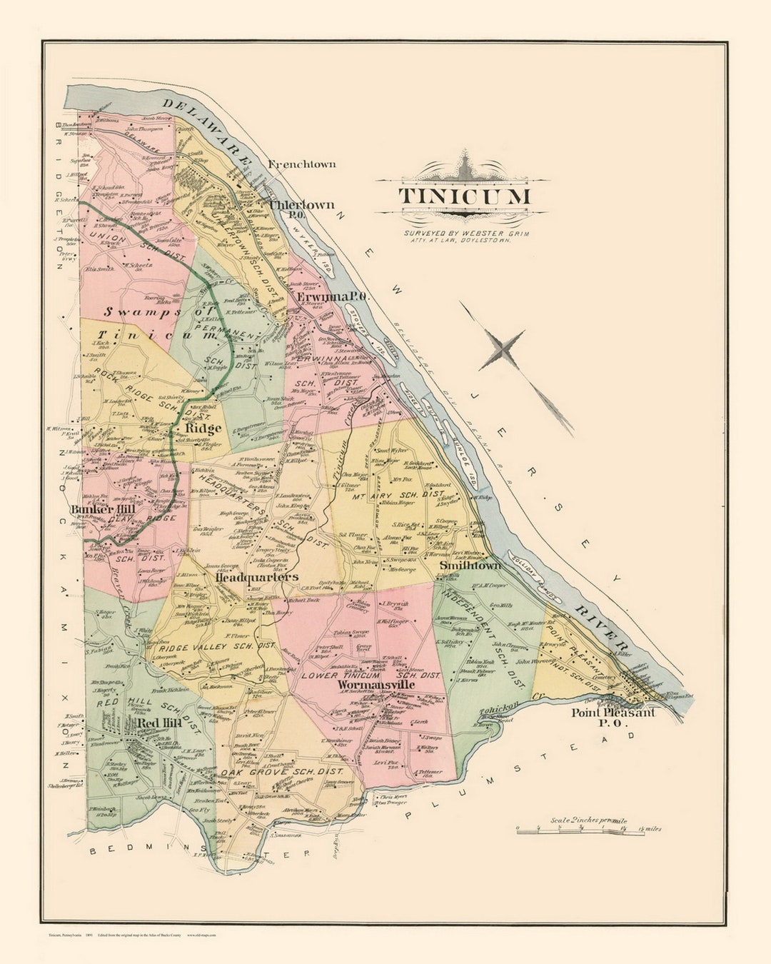 Tinicum 1891 Old Town Map With Homeowner Names Pennsylvania Geneaology ...
