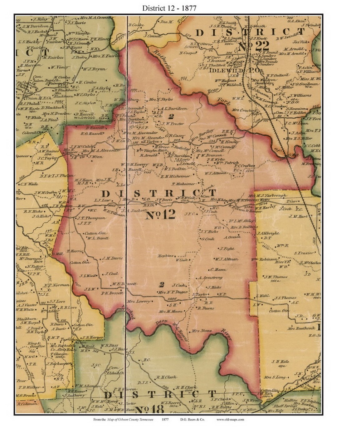 District 12 1877 Old Town Map With Homeowner Names Tennessee Gibson Co ...