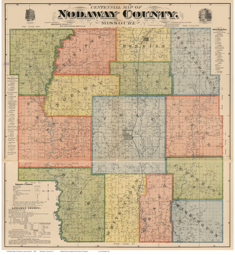 Nodaway County Missouri 1900 Old Wall Map With Landowner & - Etsy