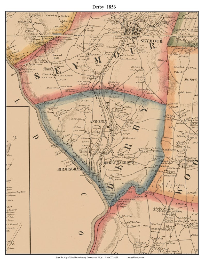 Derby 1856 Old Town Map With Homeowner Names Connecticut - Etsy