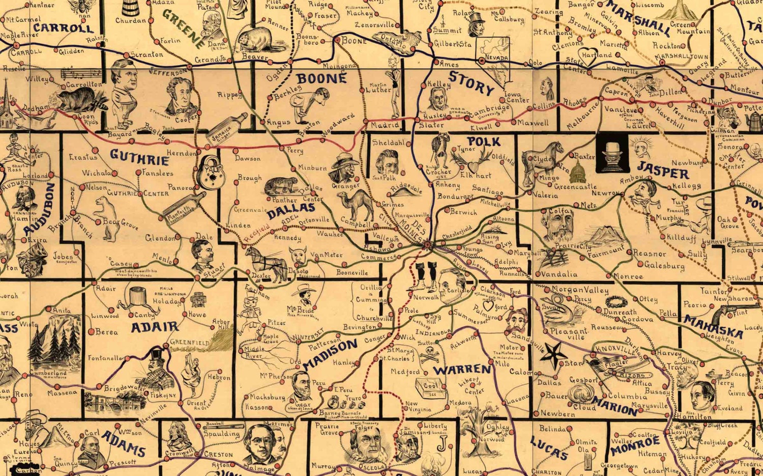 Iowa 1897 Railroad Map Quirky Galbraith State Map | Etsy