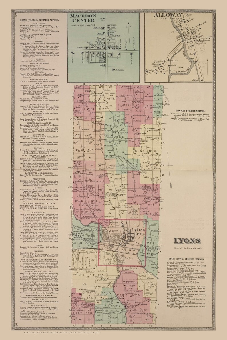 Lyons 1874 Old Town Map Reprint Wayne County New York - Etsy