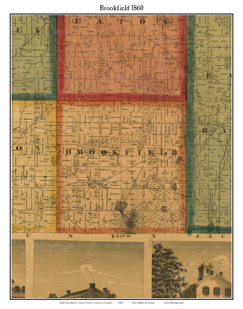 Brookfield 1860 Old Town Map With Homeowner Names Michigan - Reprint ...