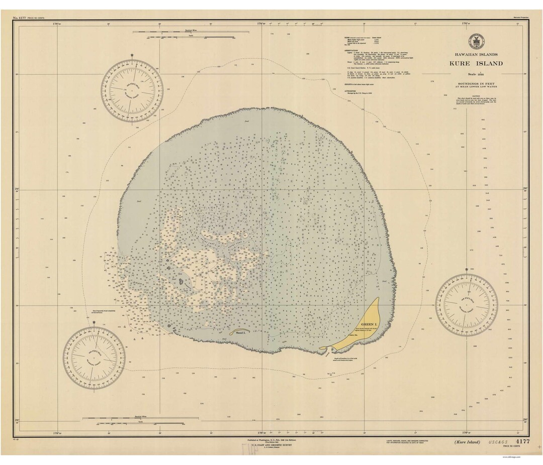 Kure Islands 1946 Nautical Map Northwest Islands Hawaii, PC Harbors ...
