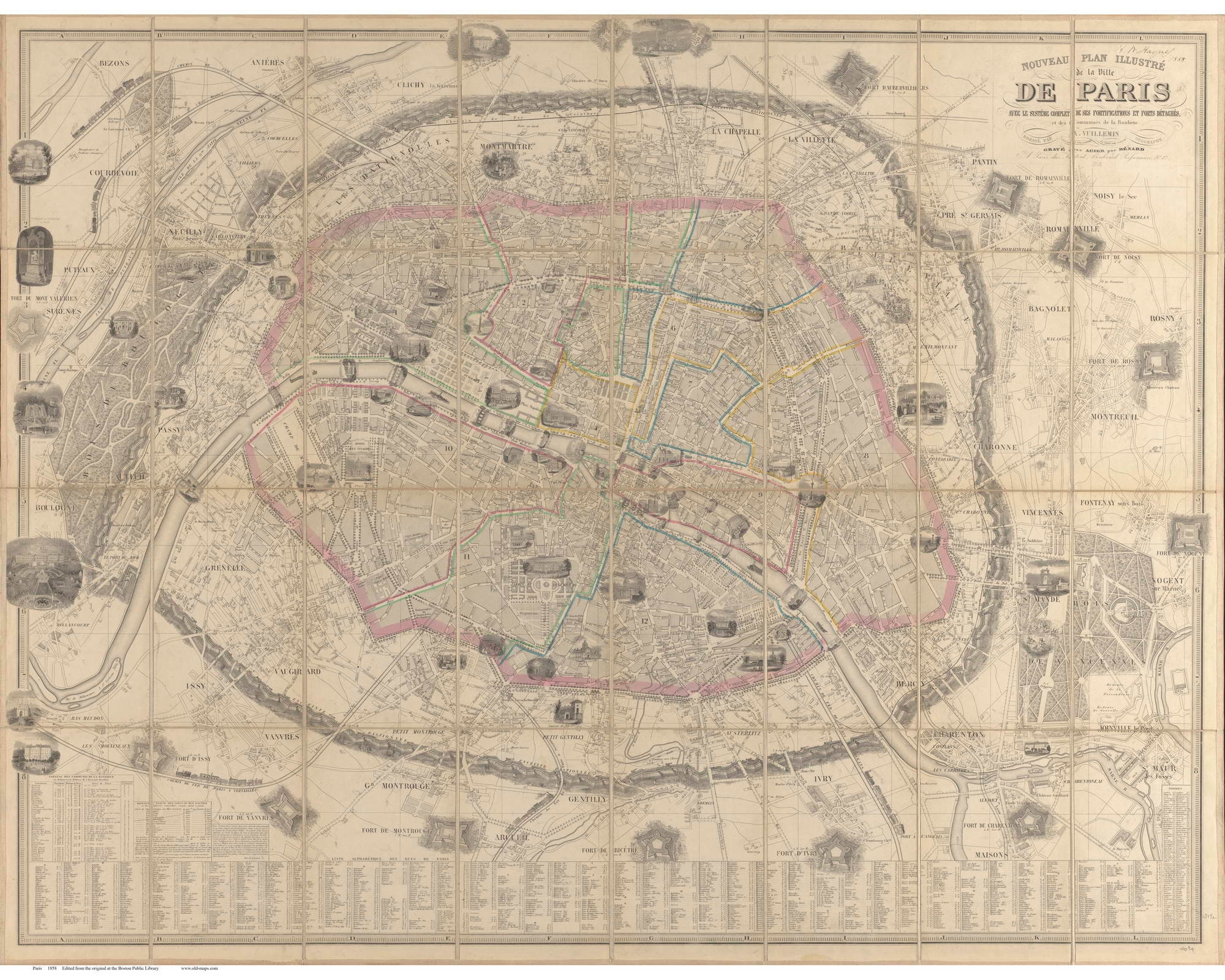 Old Map of Paris 1858 France - Walled City and Outlying Forts -- Street ...