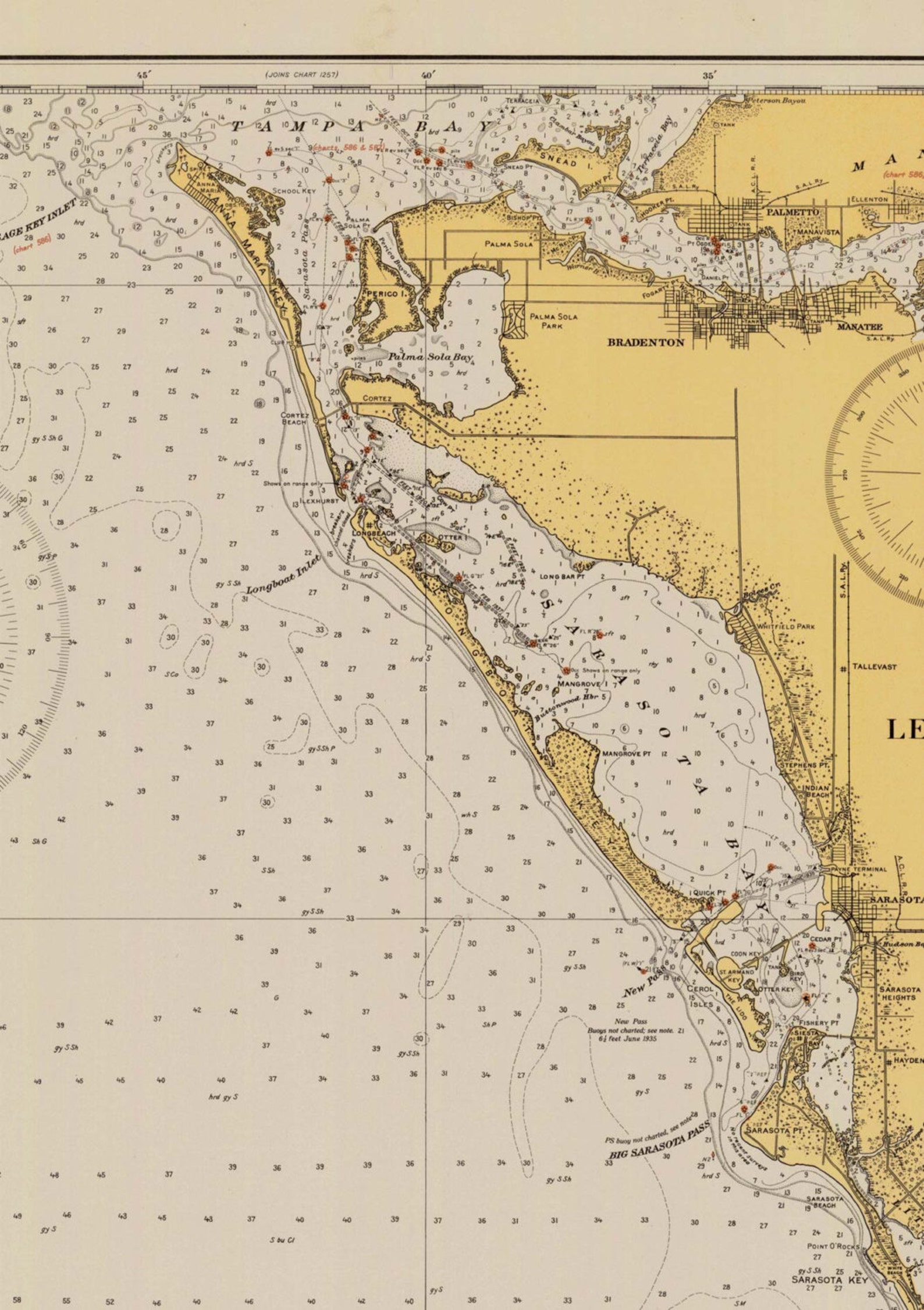 Lemon Bay to Passage Key Inlet 1930 Nautical Map Sarasota | Etsy