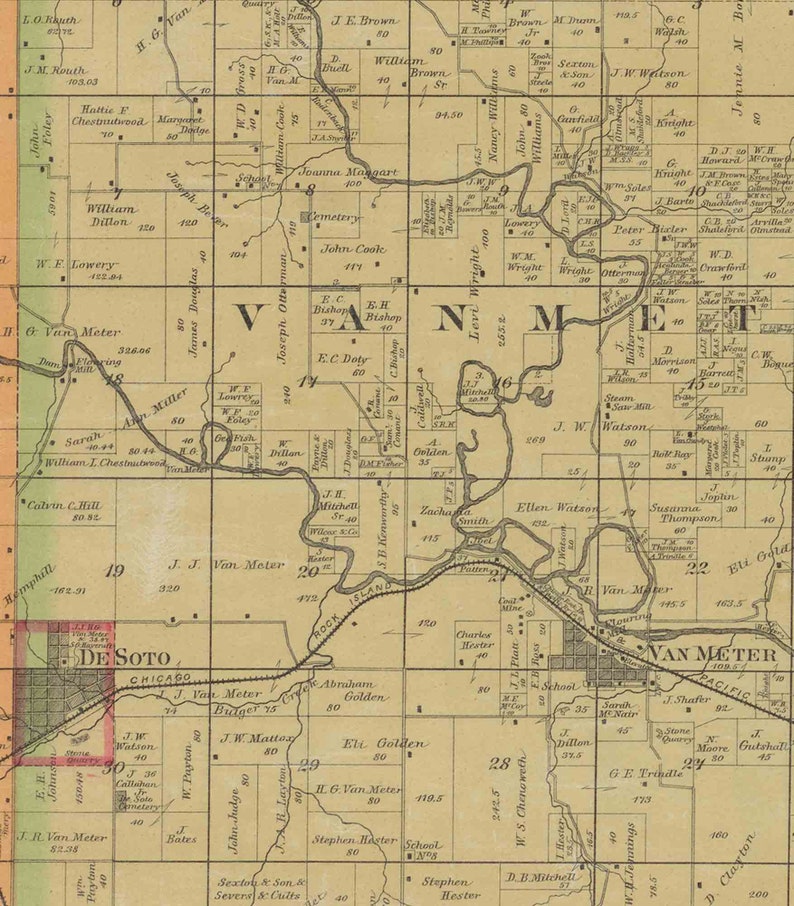Dallas County Iowa 1883 Old Wall Map With Landowner Names Farm Lines ...