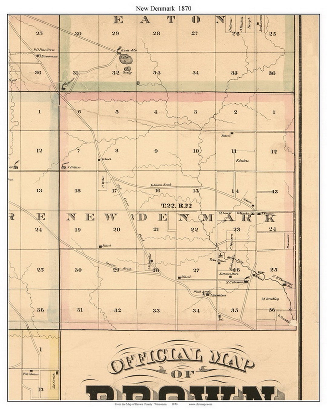 New Denmark 1870 - Old Town Map With Homeowner Names - Wisconsin ...