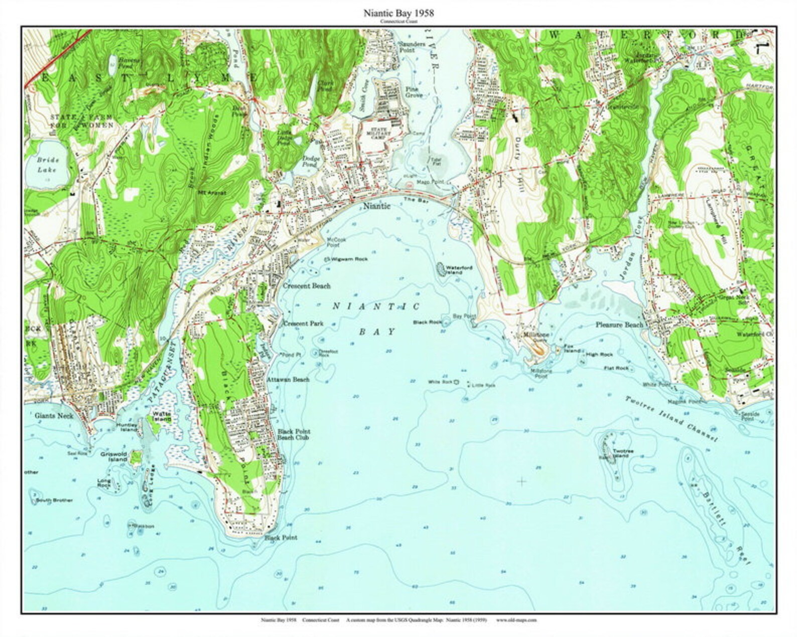 Niantic Bay - 1958 Old Topographic Map Black Point Beach Club Millstone ...
