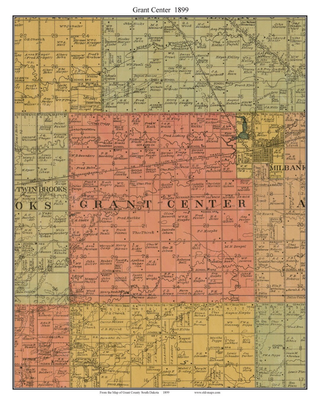 Grant Center 1899 Old Town Map With Homeowner Names South Dakota Grant ...